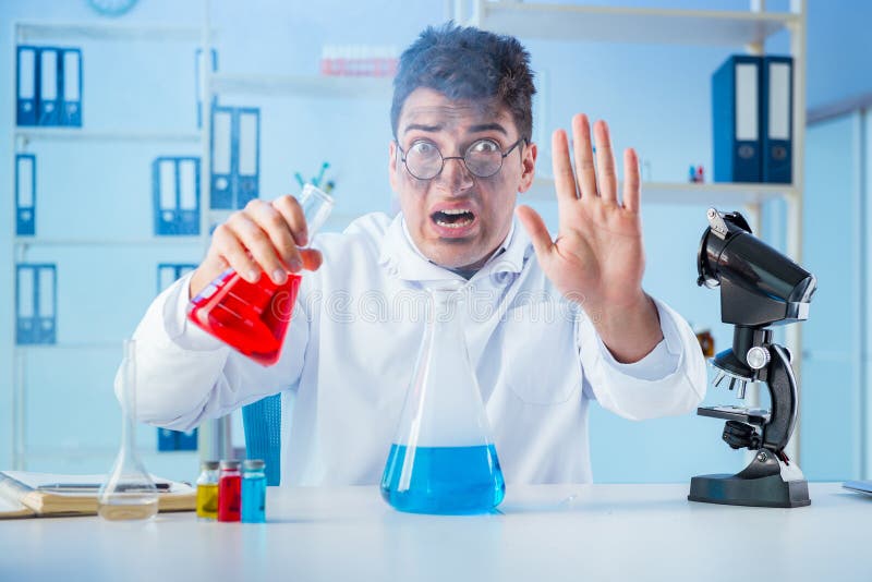 The Funny Mad Chemist Working in a Laboratory Stock Photo - Image of ...