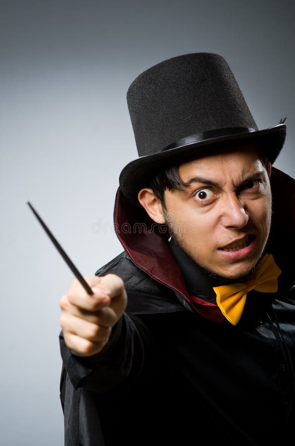 Funny Magician Man with Wand and Hat Stock Photo - Image of black ...