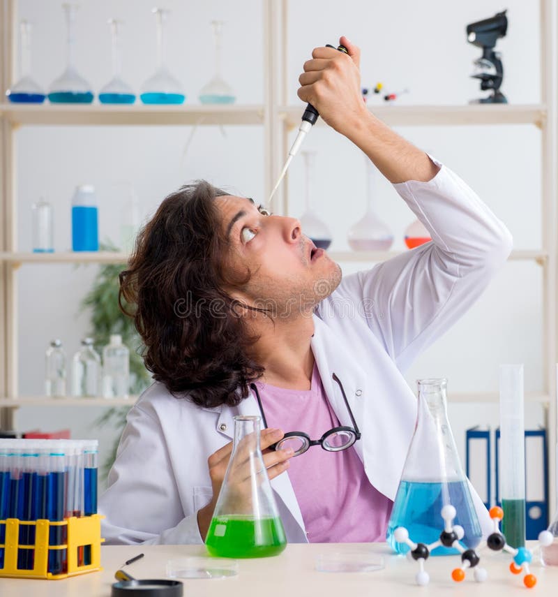 Funny Male Chemist Working in the Lab Stock Image - Image of glass ...