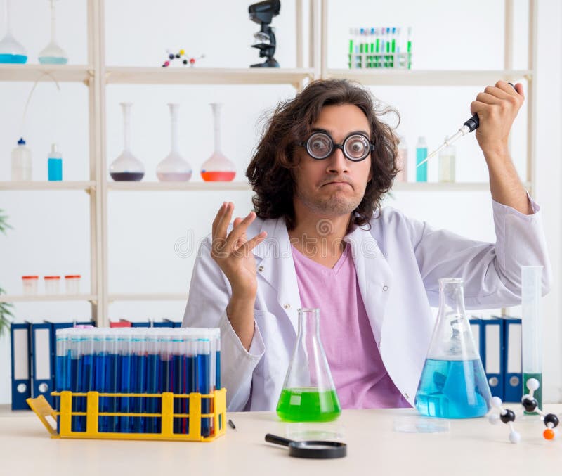 Funny Male Chemist Working in the Lab Stock Image - Image of glasses ...