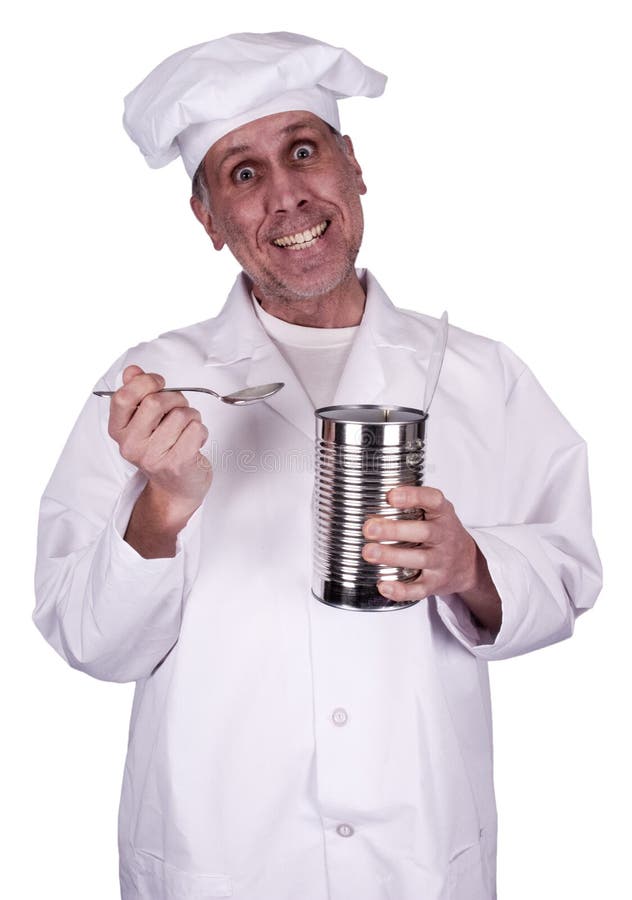 Funny Male Cook Chef Eating from Tin Can Isolated Stock Image - Image ...