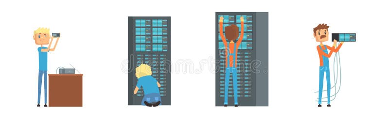 Funny Male Sysadmin Character Work with Server Vector Set Stock Vector ...