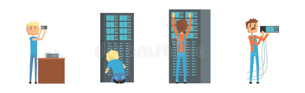 Funny Male Sysadmin Character Work with Server Vector Set Stock Vector ...