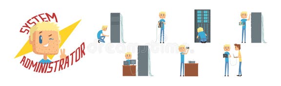 Funny Male Sysadmin Character Work with Server Vector Set Stock Vector ...