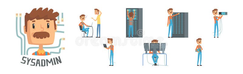 Funny Male Sysadmin Character Work with Server Vector Set Stock Vector ...