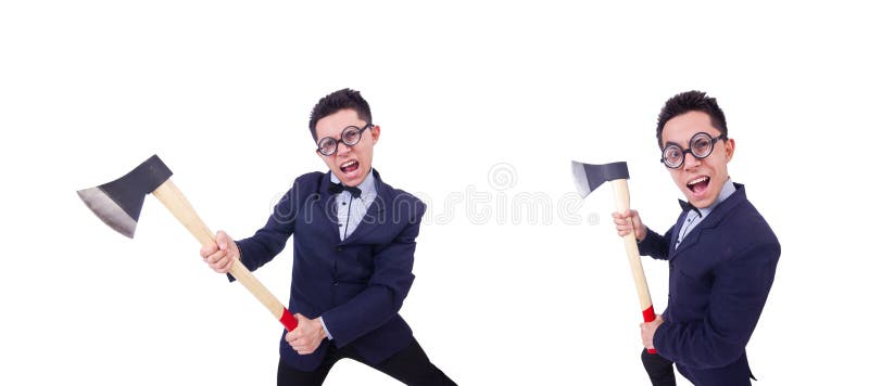 Funny Man with Axe on White Stock Image - Image of business, composite ...