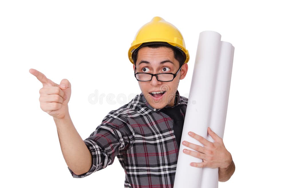 Funny man with blueprints stock photo. Image of design - 43417218