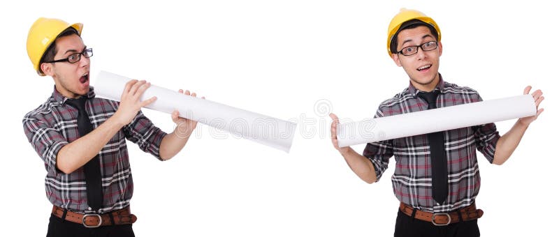 The Funny Man with Blueprints on White Stock Photo - Image of office ...