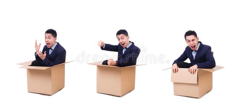 Funny man in the box 库存照片. 图片 包括有 编译, 传送, 背包, 乐趣, 纸板 - 165445816