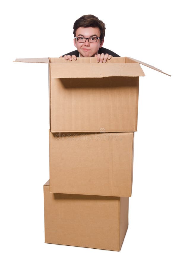 Funny Man with Boxes Isolated Stock Image - Image of holding, parcel ...