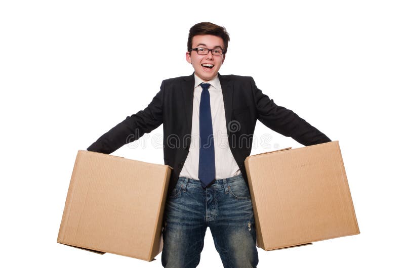 Funny Man with Boxes Isolated Stock Photo - Image of shipment, humour ...