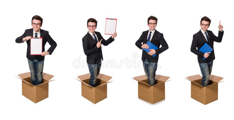 The Funny Man with Boxes Isolated on White Stock Image - Image of ...