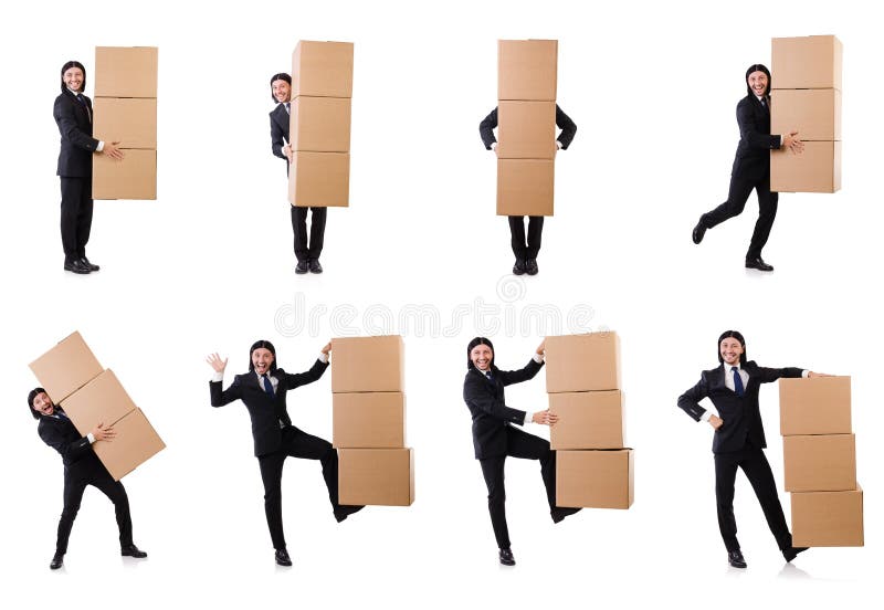 Funny Man with Boxes on White Stock Image - Image of carton, parcel ...