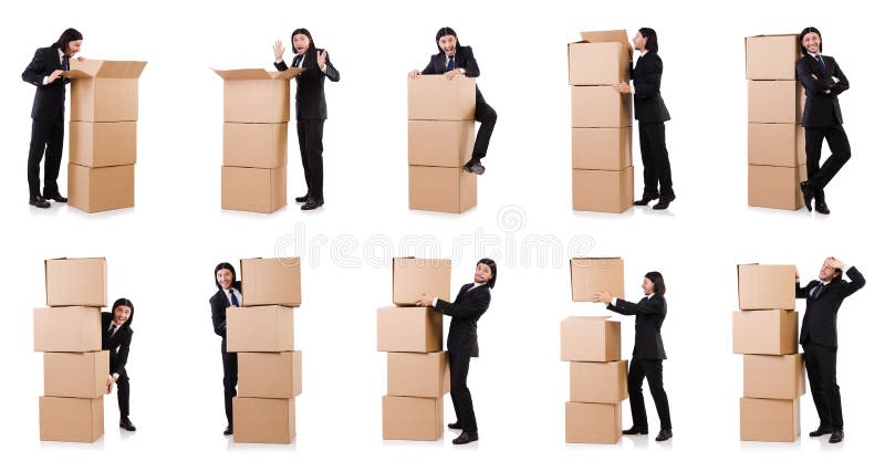 Funny Man with Boxes on White Stock Photo - Image of container, poses ...