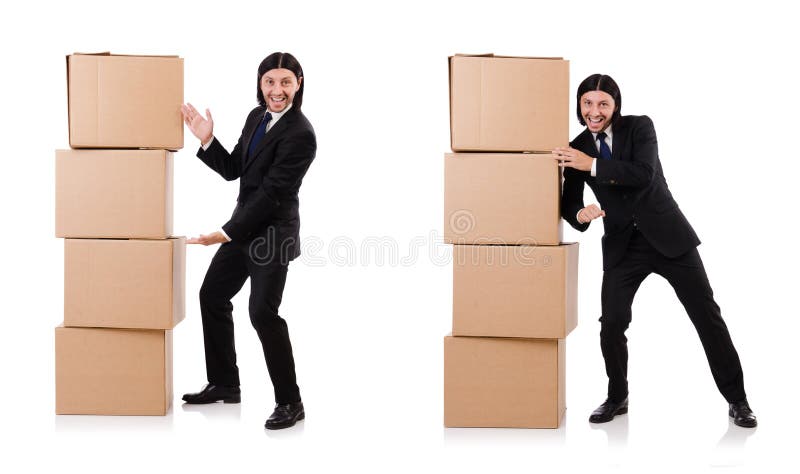 Funny Man with Boxes on White Stock Image - Image of carton, courier ...