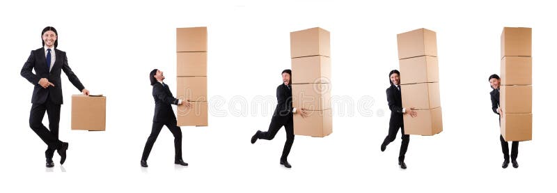 Funny Man with Boxes on White Stock Photo - Image of distribution ...