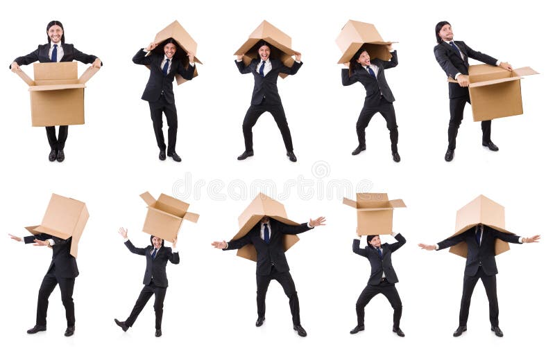 Funny Man with Boxes on White Stock Photo - Image of funny, poses ...
