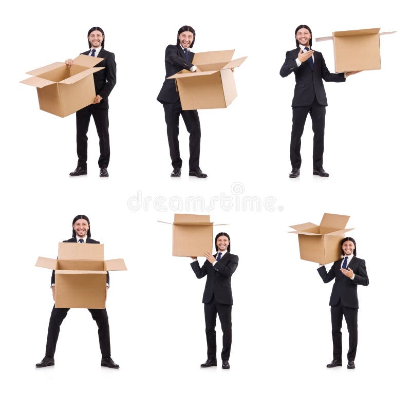 Funny Man with Boxes on White Stock Photo - Image of collage, carton ...