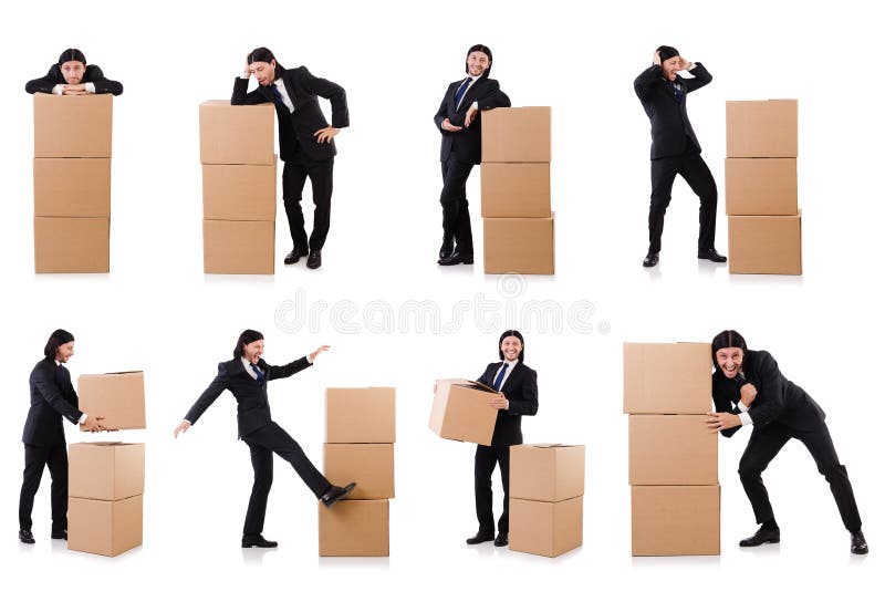 Funny Man with Boxes on White Stock Photo - Image of collage, delivery ...