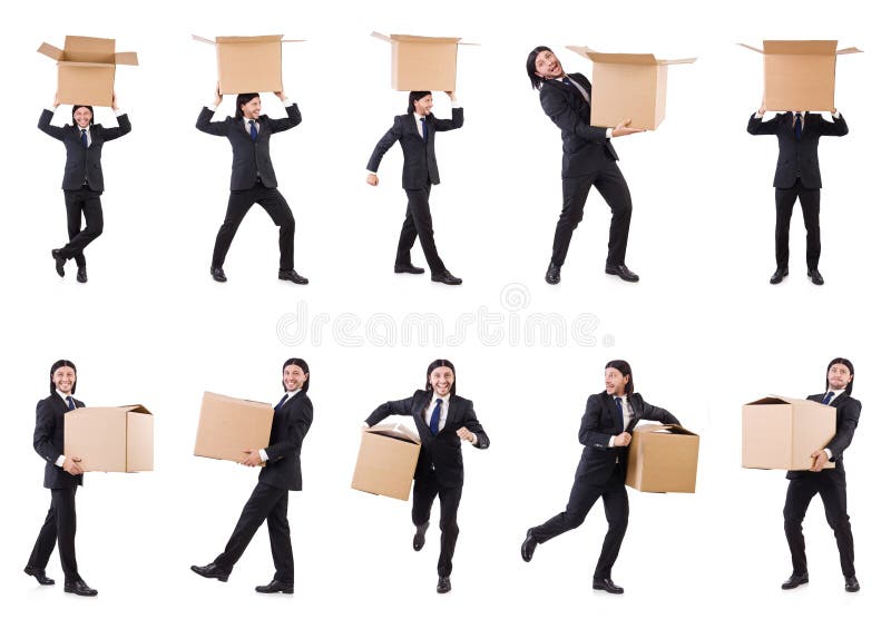 Funny Man with Boxes on White Stock Image - Image of package ...
