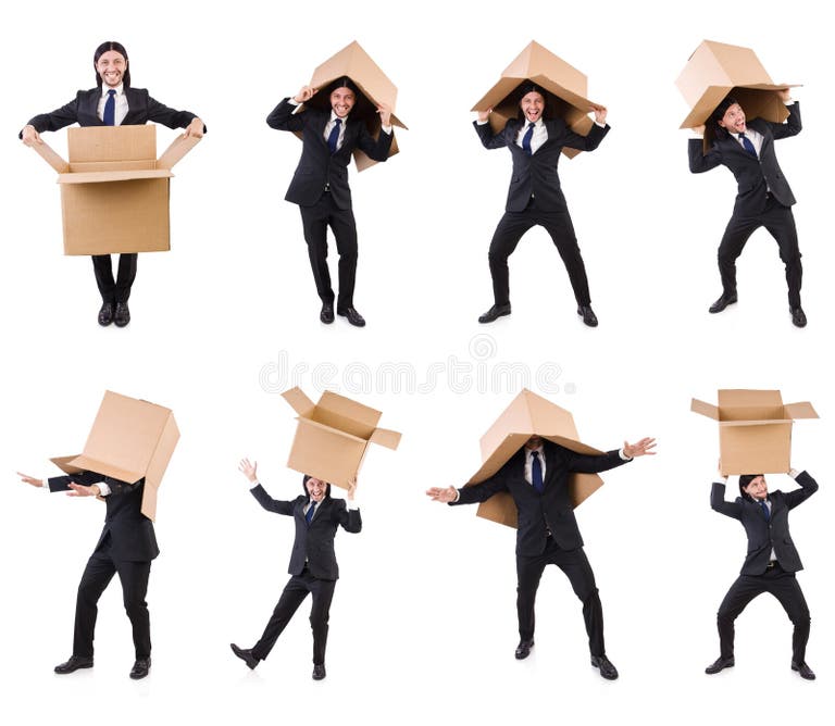 Funny Man with Boxes on White Stock Photo - Image of compilation ...