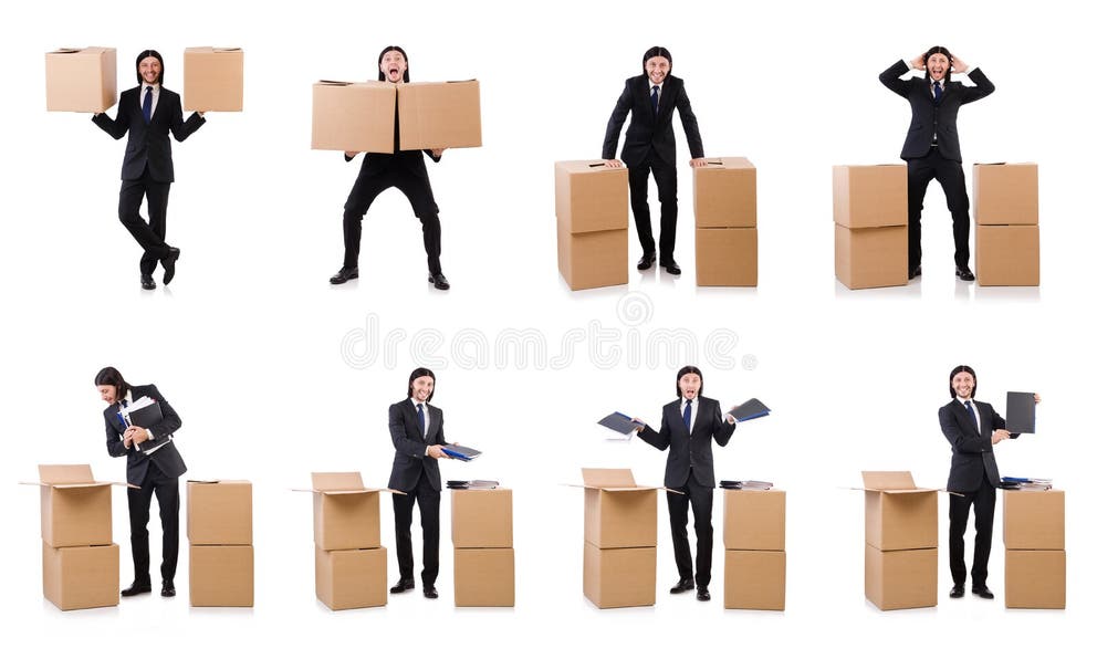 Funny Man with Boxes on White Stock Photo - Image of funny, collage ...