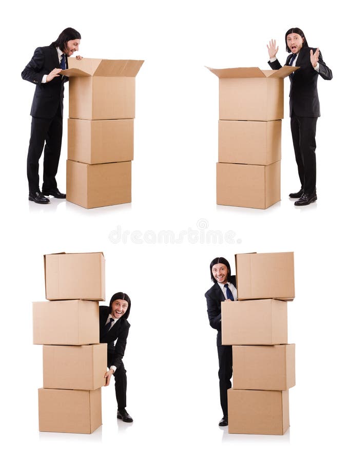 Funny Man with Boxes on White Stock Image - Image of container, poses ...