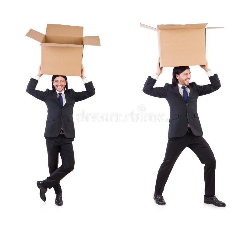 Funny Man with Boxes on White Stock Photo - Image of funny, package ...