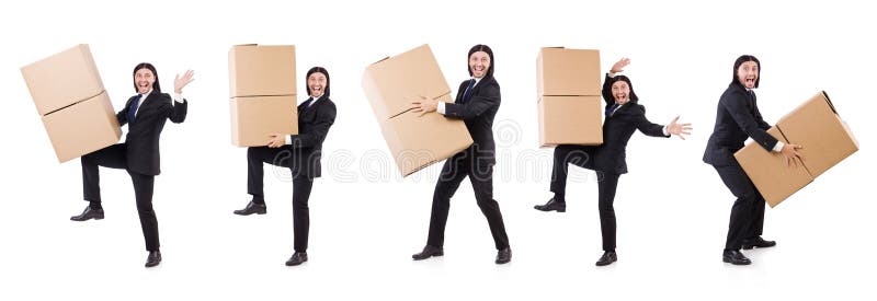 Funny Man with Boxes on White Stock Photo - Image of cardboard, collage ...
