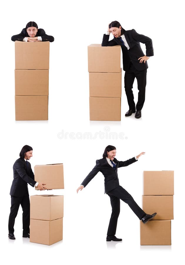 Funny Man with Boxes on White Stock Image - Image of delivering, poses ...