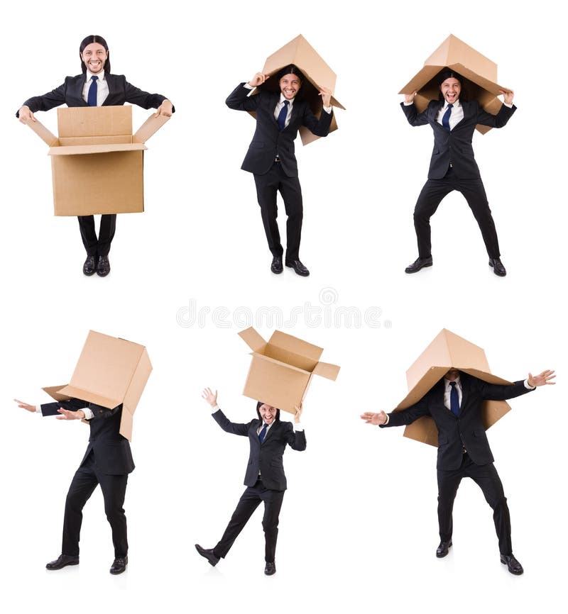 Funny Man with Boxes on White Stock Image - Image of collection, moving ...