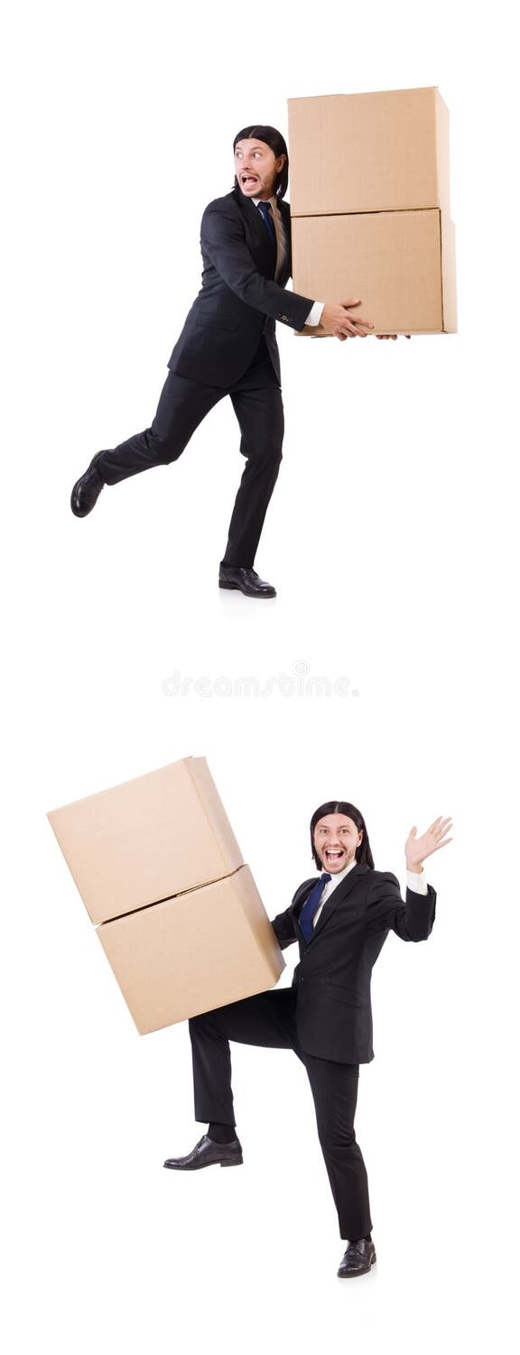 Funny Man with Boxes on White Stock Photo - Image of holding, montage ...