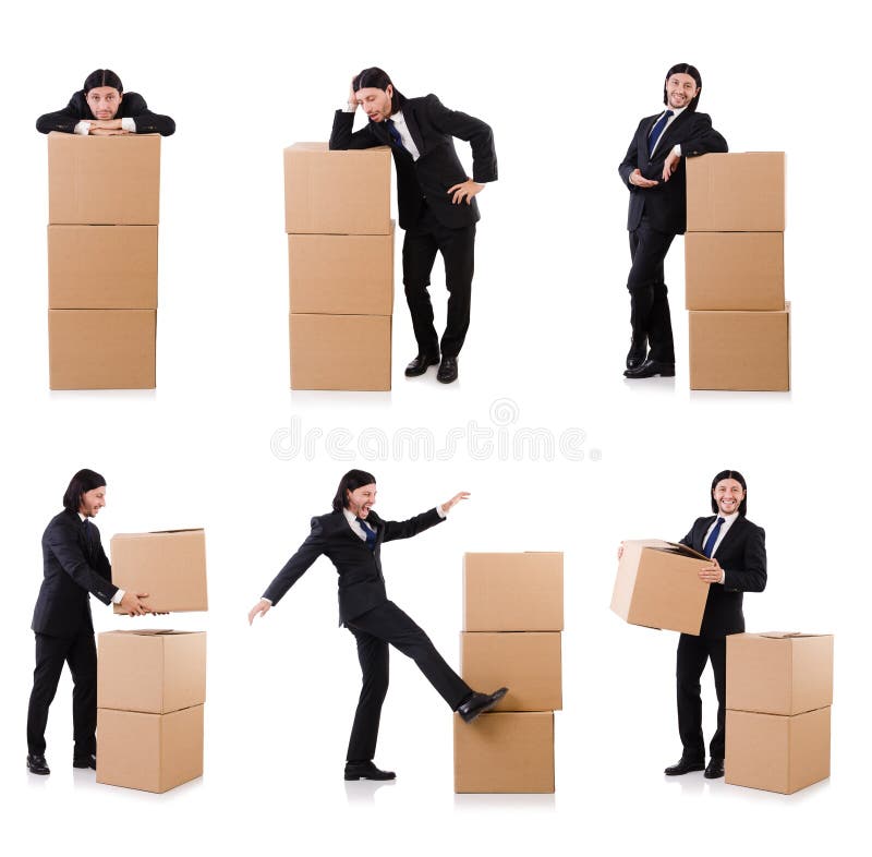 Funny Man with Boxes on White Stock Image - Image of carrying, package ...