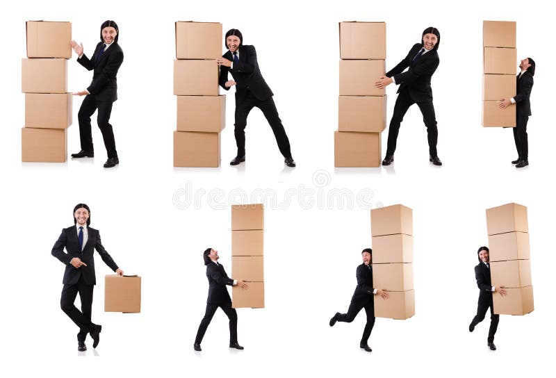 Funny Man with Boxes on White Stock Image - Image of office, carton ...