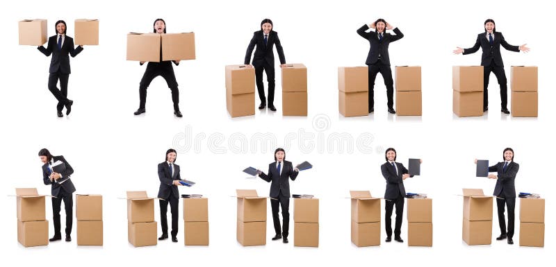 Funny Man with Boxes on White Stock Image - Image of package, cardboard ...