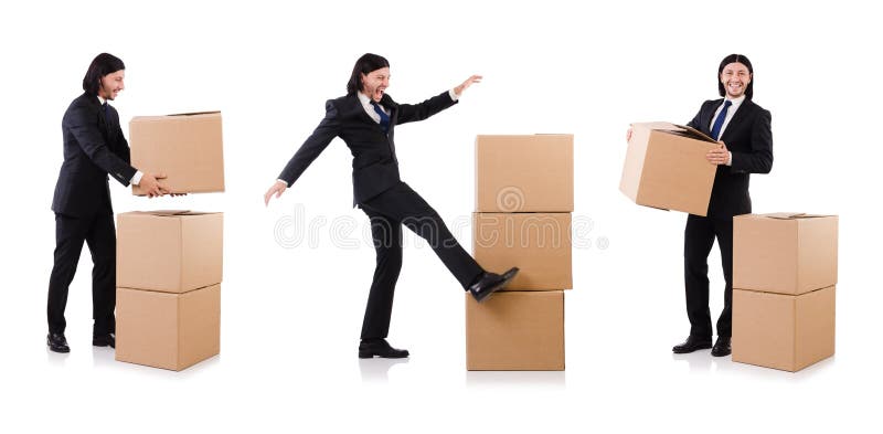Funny Man with Boxes on White Stock Photo - Image of delivering, cargo ...