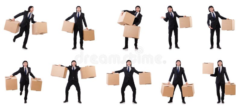 Funny Man with Boxes on White Stock Image - Image of collection ...