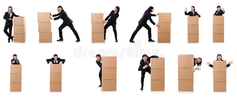 Funny Man with Boxes on White Stock Image - Image of moving, collection ...