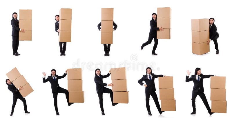Funny Man with Boxes on White Stock Photo - Image of boxes, courier ...
