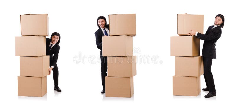 Funny Man with Boxes on White Stock Photo - Image of composite, poses ...