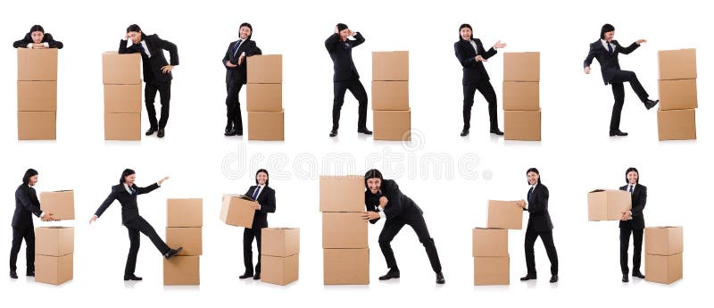 Funny Man with Boxes on White Stock Image - Image of distribution ...