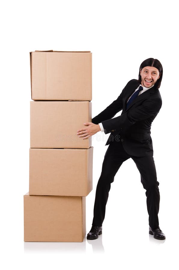 Funny man with boxes stock photo. Image of service, package - 38887748