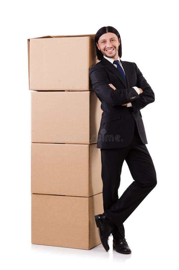 Young Delivery Man in Overalls with Pasteboard Boxes Stock Image ...