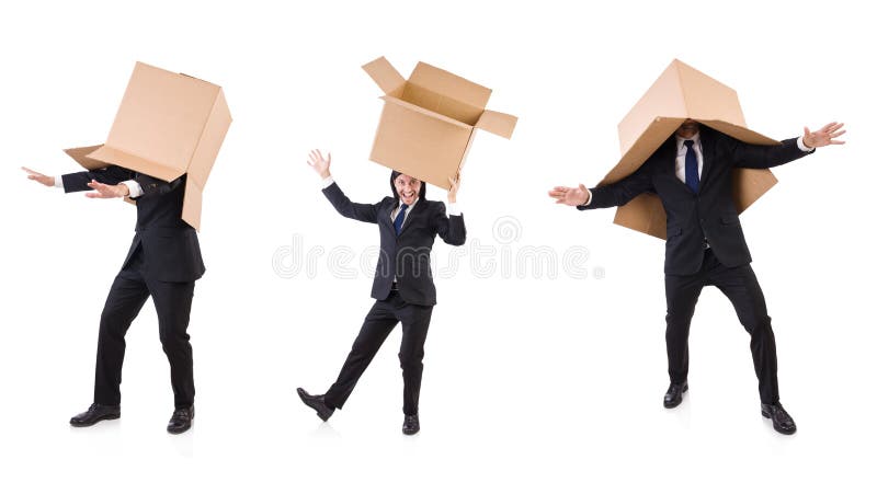 Funny Man with Boxes on White Stock Image - Image of package ...