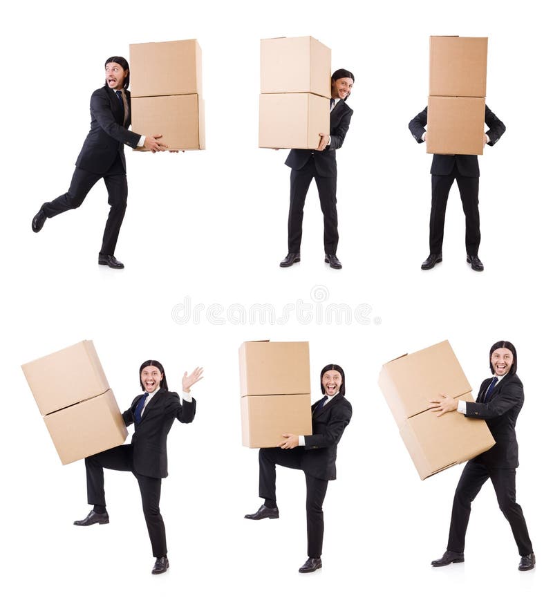Funny Man with Boxes on White Stock Photo - Image of collection ...