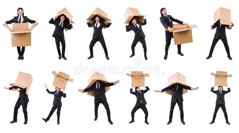 Funny Man with Boxes on White Stock Image - Image of fragile ...
