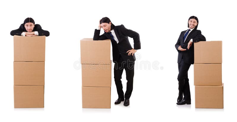Funny Man with Boxes on White Stock Image - Image of compilation, funny ...