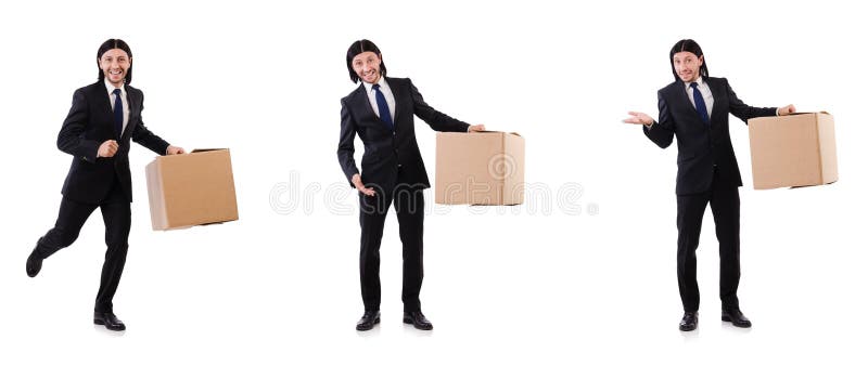 Funny Man with Boxes on White Stock Photo - Image of delivery, brown ...