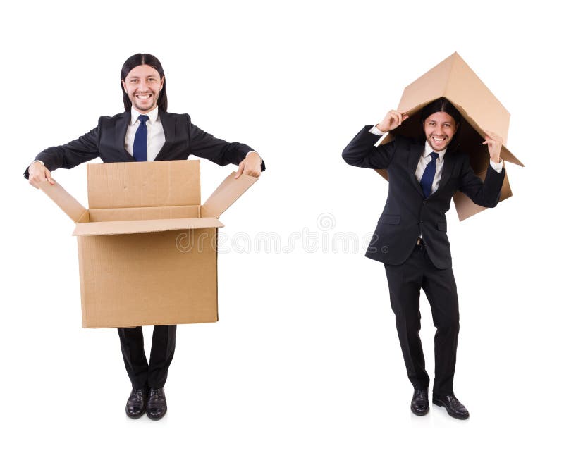 Funny Man with Boxes on White Stock Photo - Image of business ...