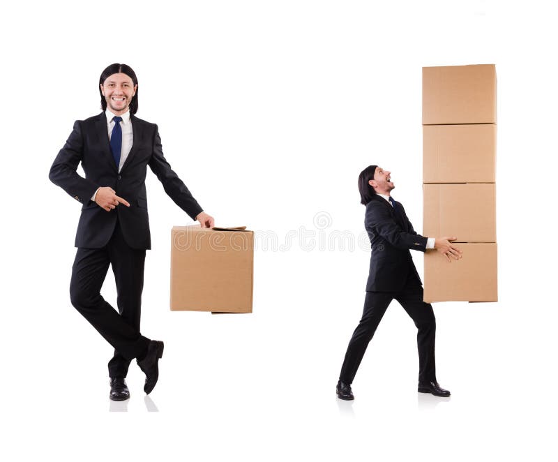 Funny Man with Boxes on White Stock Image - Image of business, collage ...